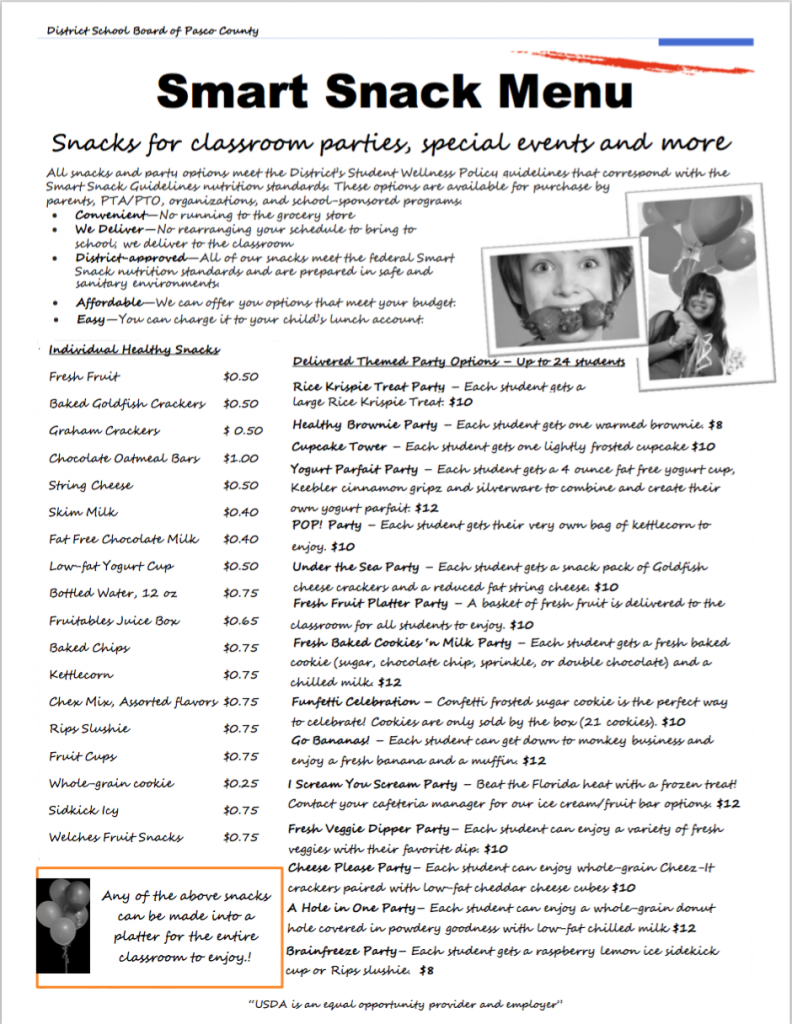 Smart Snack Menu | Hudson Primary Academy